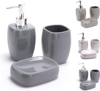 MSV Bad Accessoires Keramik 3-teilig - Seifenspender, Seifenschale, Zahnputzbecher Grau
