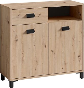 Byliving Badezimmer Kommode Wellness in Artisan Eiche, Griffe aus Metall in schwarz/Badschrank mit Einer Schublade und Zwei T&uuml;ren/B 80,5, H 77,5, T 31 cm