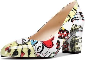 Castamere Femmes Mi Bloc Chunky Talon Heel Fermé Rond Bout Classique Escarpins Slip-on Dress Décontracté Chaussures 6.5 CM Heels Motif de Poker 37 EU