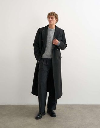 Topman manteau long boucl&eacute; en m&eacute;lange de laine, coupe oversize, crois&eacute;, noir