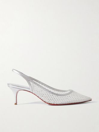 Christian Louboutin Escarpins À Brides Arrière En Résille À Cristaux Et À Finitions En Cuir Sporty Kate 55 - Argenté