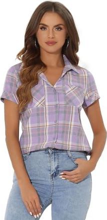 Allegra K Chemise boutonnée à Carreaux décontractée pour Femme Violet Pastel L