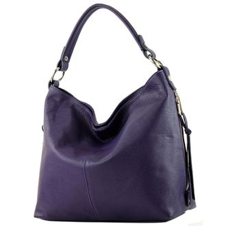 modamoda.de T160 Damen Leder Schultertasche Henkeltasche Large handmade in Italy, Farbe:Dunkellila
