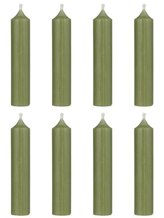 CMD 8er Pack tolle im Vintage-Stil rustikale Stabkerzen im Landhauslook. Farbe MOOSGR&Uuml;N. Rustikales Design, 2,2 cm Durchmesser, H&ouml;he 11 cm, 4 Stunden Bren