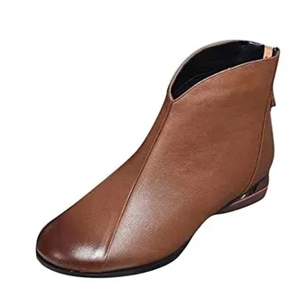 Generic Mode Automne et Hiver Femmes Bottines Fond Plat Talon Bas Talon &Eacute;pais Bout Rond Couleur unie Fermeture &Eacute;clair Casual Bottines Femmes Bottes Bout Ouver