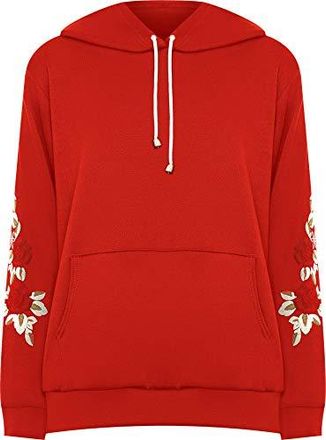 WearAll Femmes Plus Floral Brodé Poche Poche Longue Manche Sweat-Shirt Dames Capuche - Rouge - 50-52