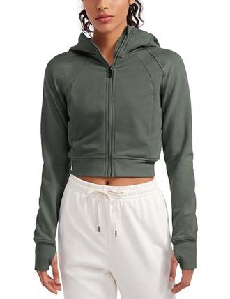 CRZ YOGA Womens Cropped Hoodie Full Zip Hoodie Jacket Sweatshirts athl&eacute;tiques &agrave; Manches Longues avec Trous pour Le Pouce Sauge Grise 42