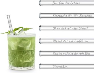 Halm HALM Glas Strohhalme Gin Spr&uuml;che | Gin des Lebens Edition | 6x 15cm mit gravierten Gin Gl&auml;ser Spr&uuml;chen | Glasstrohalme Gin Geschenkset f&uuml;r Gin Tonic G