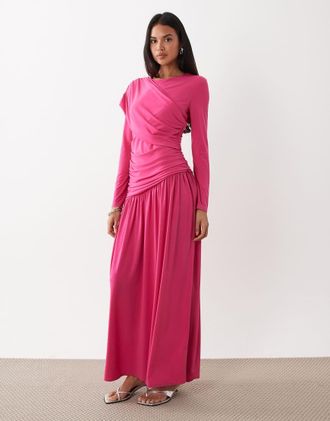 Daska Robe portefeuille longue &agrave; manches longues - Rose fuchsia