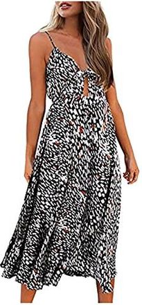 Generic Robes boh&egrave;me 2026 pour femmes, col en V sur le devant, robe mi-longue, robe d&eacute;t&eacute; mi-longue, motif l&eacute;opard, bretelles spaghetti, boutons pour femmes, N