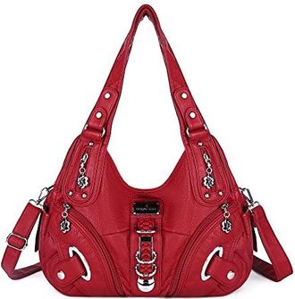 Angel Kiss Women Multiple Pockets Purses and Handbags Washed Leather, Two Top Zippers Closure, Red