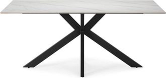 PEGANE Table &agrave; manger, table de repas rectangulaire en c&eacute;ramique coloris blanc, pieds en m&eacute;tal noir - Longueur 180 x Profondeur 90 x Hauteur 76 cm