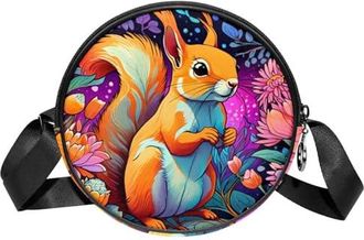 Generic Sac &agrave; bandouli&egrave;re rond pour femme, motif &eacute;cureuil color&eacute;, petit sac &agrave; dos &agrave; bandouli&egrave;re avec fermeture &eacute;clair, bretelles r&eacute;glables, sac &agrave; main rond d&eacute;