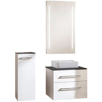 Fackelmann Oxford Badm&ouml;bel Set 5 Teile / Waschbecken / Waschtischunterschrank mit 2 Schubladen / Waschtischplatte schwarz / Midischrank / LED-Spiegel / Korpus &