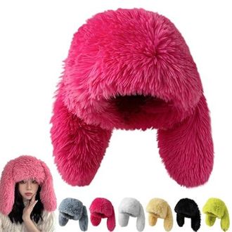 Generic Joli bonnet en peluche avec oreilles de lapin pour femme, bonnet en fourrure douce et chaude avec oreilles de lapin, rose rouge, Taille unique