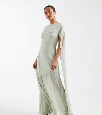 Tfnc Petite Robe longue de demoiselle dhonneur en mousseline avec jupe transparente et d&eacute;tail foulard - Vert sauge