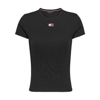 Tommy Hilfiger Geripptes T-Shirt mit kurzen &Auml;rmeln - - Tops - Damen - Schwarzk - L