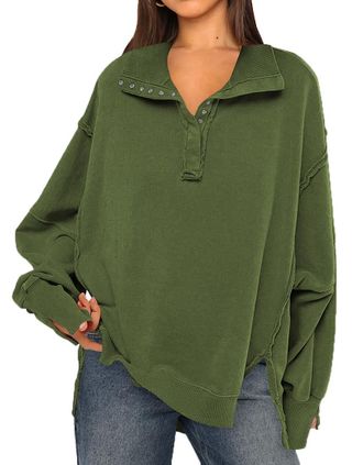 OLIPHEE Sweatshirts f&uuml;r Damen Sweatshirt Damen Oversized mit Kn&ouml;pfe Fr&uuml;hling Herbst Pullover Langarmshirts f&uuml;r Damen V-Ausschnitt Revers Loose Tops Vintage Ob