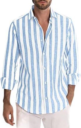 Generic Chemise d&eacute;t&eacute; pour homme coupe ajust&eacute;e : chemises en lin boutonn&eacute;es chemise de plage ray&eacute;e chemise en lin avec poche poitrine chemises de loisirs cardi