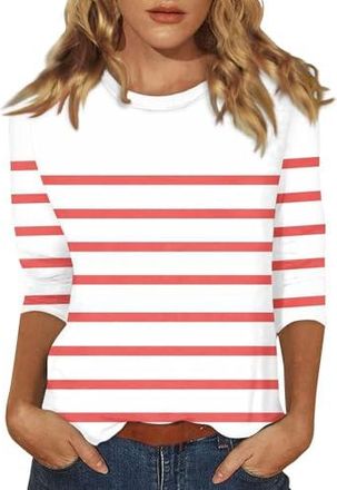Generic Sales Clearance HUIFUAO Tee Shirt Femme Manche 3/4 Coton Grande Taille Rayé Haut été Chemise et Blouses Chic et élégant Tops Basique Tunique (A02-Red,