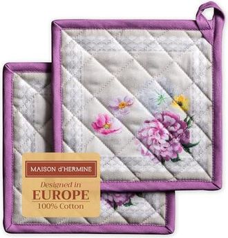 Maison d'Hermine Pivoine Lot de 2 maniques, 100% Coton, pour Barbecue, Cuisson, Four, Micro-Ondes, grillades, Printemps/&eacute;t&eacute;, P&acirc;ques, (20cm x 20cm)