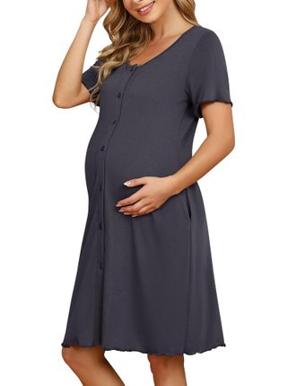 KOJOOIN Damen Nachthemd Geburt Stillnachthemd Kurzarm Nachtw&auml;sche Baumwolle Umstandsnachthemd mit Durchgehender Knopfleiste Nachtkleid Grau(Kurzarm) XL