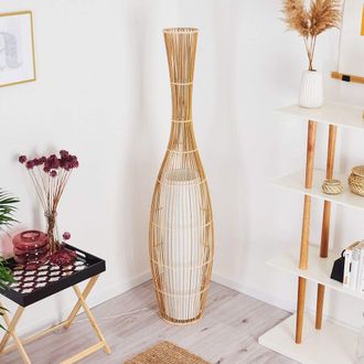 HOFSTEIN Stehleuchte Saranda, Vintage Bodenleuchte aus Bambus/Stoff in Natur/Weiß, Ø 24,5 cm, E27-Fassung, max. 60 Watt, Stehlampe im Boho-Style mit Fußschalte