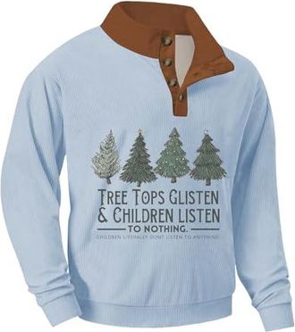 Generic Pull de Noël en velours côtelé pour homme - Chemise fantaisie amusante - Arbre de Noël - Flocons de neige - Pull à boutons de Noël - Pull à col rond -