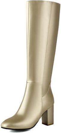 Generic Bottes Femmes Genou Cuir Talon Bloc Fermeture Zip Polyvalent Confort Journee Casual Hiver Chaussures,dor,45 EU