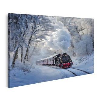 Islandburner Bild auf Leinwand Dampfzug im verschneiten Winterwald für Wohnzimmer Naturfreunde Restaurant Bilder Wandbilder Poster