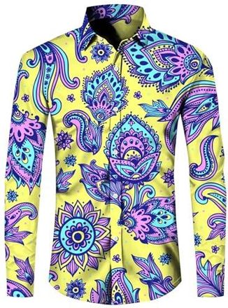 Generic Chemise florale &agrave; manches longues pour homme - Coupe droite - Imprim&eacute; boutonn&eacute; - Chemise de loisirs des ann&eacute;es 70 - Disco Hip Hop - D&eacute;contract&eacute;e - Pai