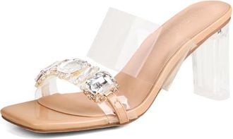 Generic Qynthra Sandales Femme Bout Carr&eacute; Luxe Bride Cristal Talon Bloc &Eacute;pais &agrave; Enfiler Mules Slides de Robe Style Fran&ccedil;ais pour Sorties d&Eacute;t&eacute; et R&eacute;ception du 