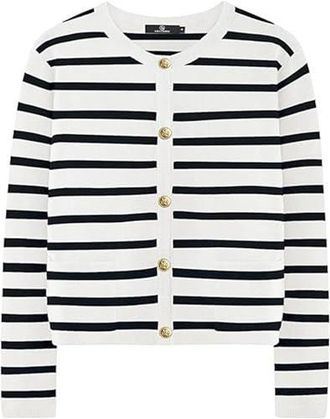 Generic Cardigan ray&eacute; &agrave; col rond pour femme, manches longues en tricot l&eacute;ger avec poches, Rayures blanches., XL