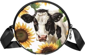 Generic Sac &agrave; bandouli&egrave;re rond pour femme, motif vache et tournesols avec fermeture &eacute;clair et bretelles r&eacute;glables