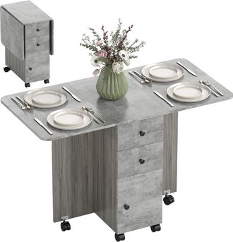 HOMCOM Klappbarer K&uuml;chentisch Klappbarer Esstisch 2 klappbare Platten mit 2 Schubladen 1 Schrank und 1 Aufbewahrungsregal 120 x 60 x 76,5 cm - grau