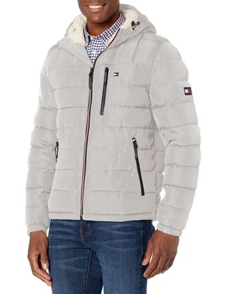 Tommy Hilfiger Herren Midweight Sherpa Lined Hooded Water Resistant Puffer Jacket Mantel, Ice Tech, XXL