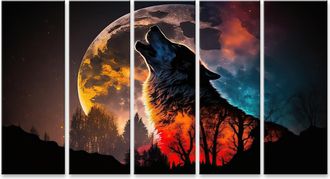 Islandburner Bild auf Leinwand Doppelbelichtung Heulender Wolf Silhouette Vollmondhimmel Bilder Wandbilder Poster