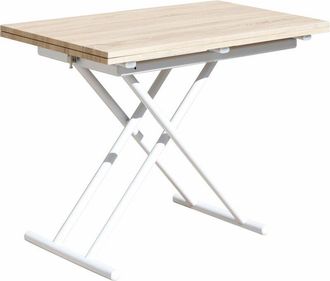 PEGANE Table basse relevable rectangulaire extensible coloris ch&ecirc;ne /pieds blanc - Longueur 100 x largeur 50-100 cm -PEGANE