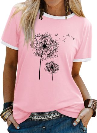 Dresswel Damen Pusteblume T-Shirt Retro L&ouml;wenzahn Druck Rundhals Kurzarm Tee Shirts Sommer Tops Oberteile f&uuml;r Frauen(4-Hellrosa,2XL)