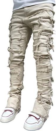 Generic Jean d&eacute;chir&eacute; Homme, Pantalon en Denim us&eacute; et d&eacute;lav&eacute;, Style Hip hop d&eacute;contract&eacute;, Couleur Abricot, Taille L