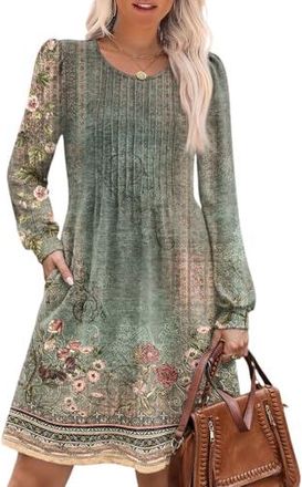 Generic Robe de chambre gaufr&eacute;e de style boh&egrave;me pour femme, mini robe &agrave; manches longues, robe trap&egrave;ze d&eacute;contract&eacute;e, fluide avec poches lat&eacute;rales, robe moulant