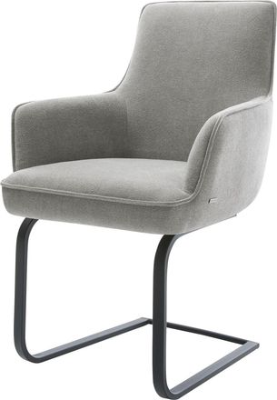 DELIFE Schwingstuhl Heira-Flex mit Armlehnen Freischwinger flach Schwarz Strukturstoff Soft Grau Taschenfederkern