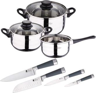 San Ignacio Topfset SIP 5 teilig Stielkasserolle + Zwei T&ouml;pfe mit Deckel aus Glas und 4-teilig Keramikmesser Set K&uuml;che: Chefkoch, Santoku, Allzweckmesser und Sch&auml;
