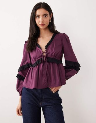 Glamorous Blouse style boh&egrave;me &agrave; manches longues et volants brod&eacute;s - Violet fonc&eacute;