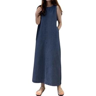 Generic Robe d&eacute;t&eacute; longue sans manches en jean pour femme avec poche, col rond, coupe ample, style boh&egrave;me, Bu2, 3XL