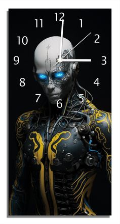 Wallario Design-Wanduhr, Acrylglasuhr Größe 30 x 60 cm, weiße Zeiger, Motiv Cyber-Wächter