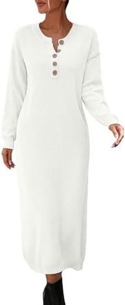Generic Robes amincissantes douces surdimensionn&eacute;es avec boutons sur le devant et col en V et manches longues pour femme, blanc, XL