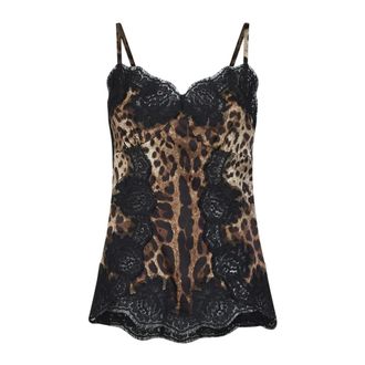 Dolce & Gabbana Femme, Tops, Multicolore, Taille: 44 FR Top en satin &agrave; imprim&eacute; l&eacute;opard avec incrustation de dentelle