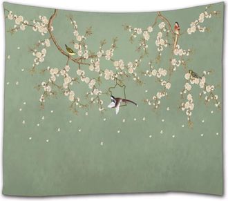 A.Monamour Wandteppich Aquarell Vögel Baum Ast Blumen Grünen Hintergrund Tuch Kunstdruck Tapisserie Wandbehang Wanddeko Vorhang Tischdecke Tagesdecke Picknickdec