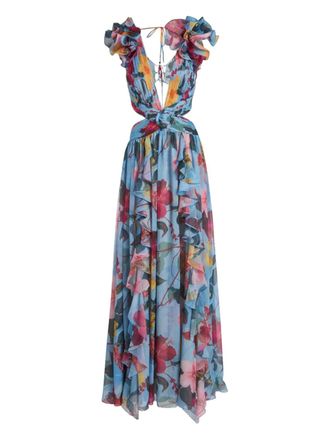 PatBo robe longue volant&eacute;e &agrave; fleurs - Bleu